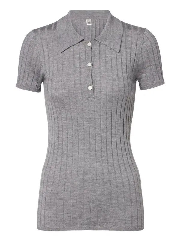 TOTEME Ribbed Knit Cashmere And Silk Polo Shirt In Melange - Grey