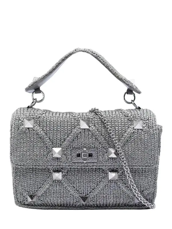 Valentino Garavani Metallic Knit Roman Stud Satchel - Silver