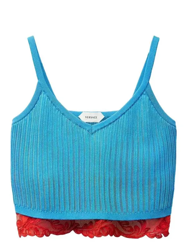 Versace Lace-trim Viscose-blend Ribbed Knit Tank Top - Blue