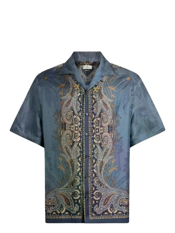 Etro Silk Bowling Shirt With Placed Pegaso-print - Blue