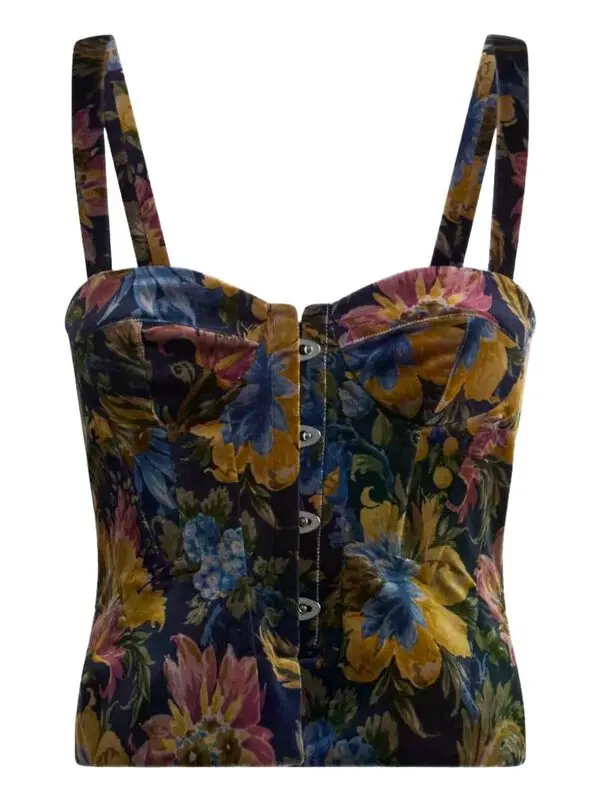 Etro Cotton Velvet Corset Top With Floral Overprint - Blue