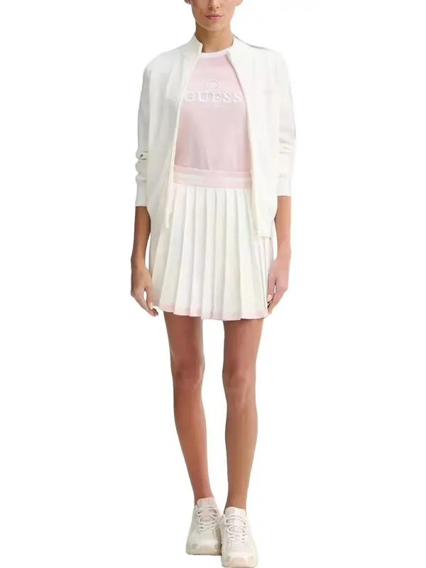 Guess Embroidered Zip-up Sweater With Striped Sleeves - White