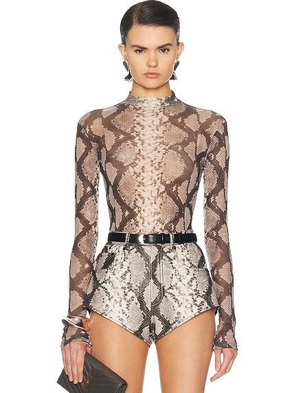 Lapointe Printed Mesh Mock Neck Bodysuit - Python Print