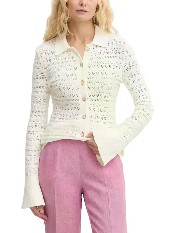 Guess Open-knit Cardigan With Spread Collar And Flared Cuffs - White