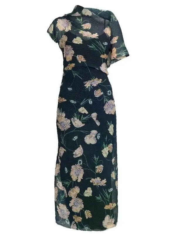 Erdem Floral Print Organza-cloqué Midi Dress - Blue