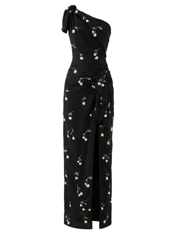 Monse One-shoulder Maxi Dress With Cherry Embroidery - Black