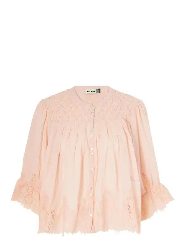 Rixo Erika Shirred Lace-trimmed Cotton-voile Blouse - Orange
