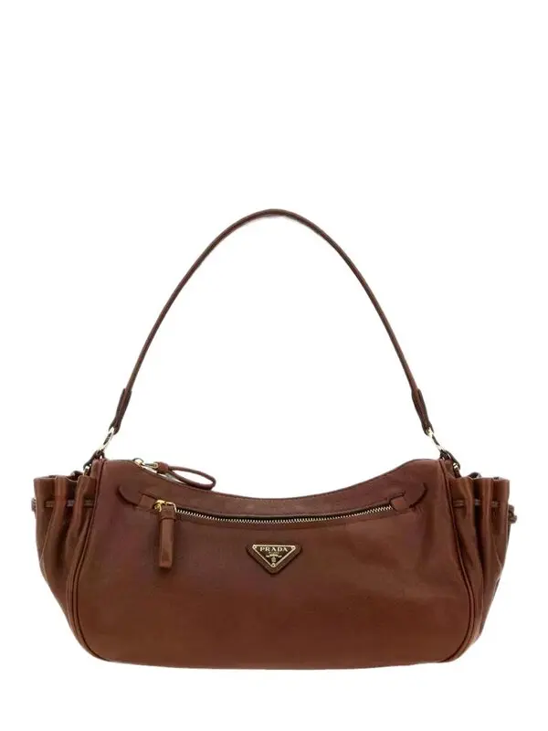 Prada Gathered Tote Bag With Enamel Logo Plaque - Brown