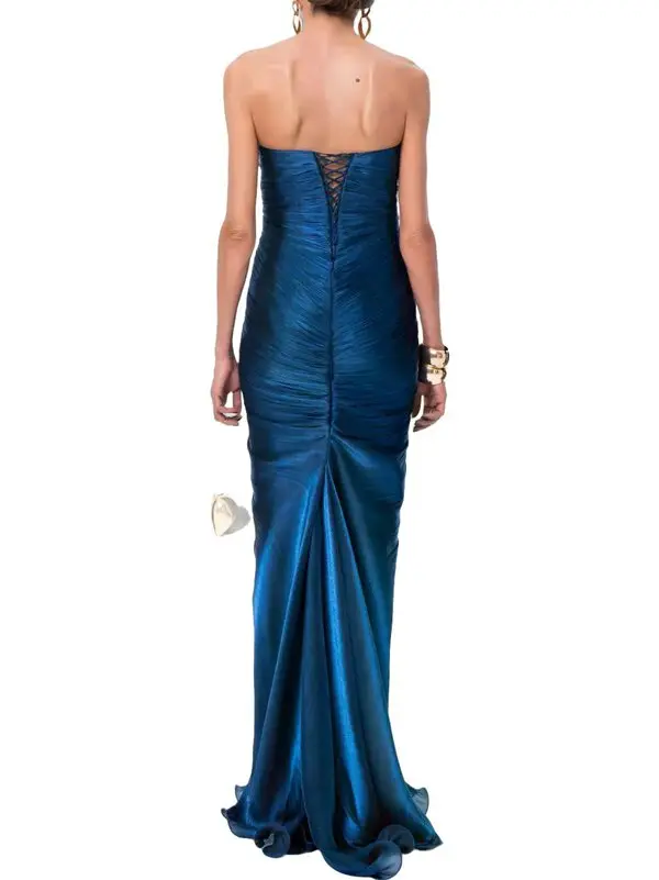 ANA RADU Floral-applique Ruched Maxi Dress - Blue