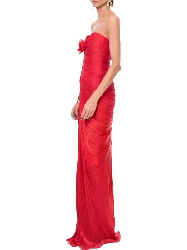 ANA RADU Strapless Ruched Gown With Floral Appliqu - Red