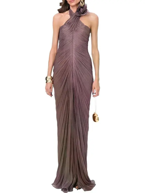 ANA RADU Floral Detail Pleated Maxi Gown - Brown
