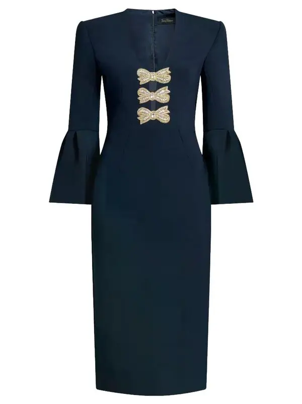 Jenny Packham Navy Bell Sleeve Dress With Bow Embellishments - Blue
