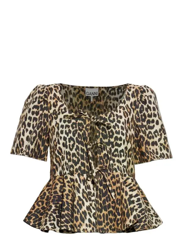 GANNI Leopard Print Puff Sleeve Peplum Blouse - Neutrals