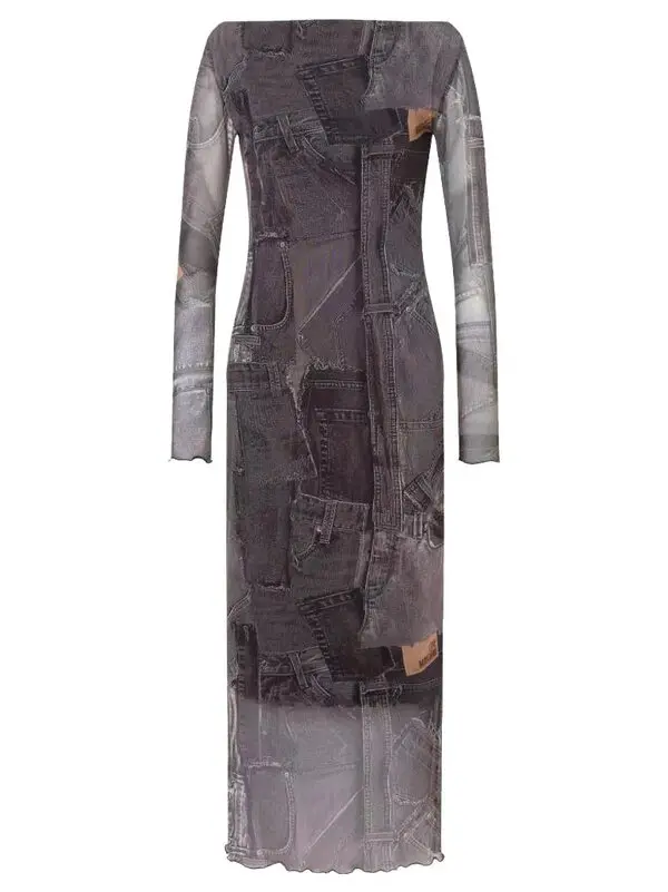 Moschino Printed Mesh Long Sleeve Maxi Dress - Grey