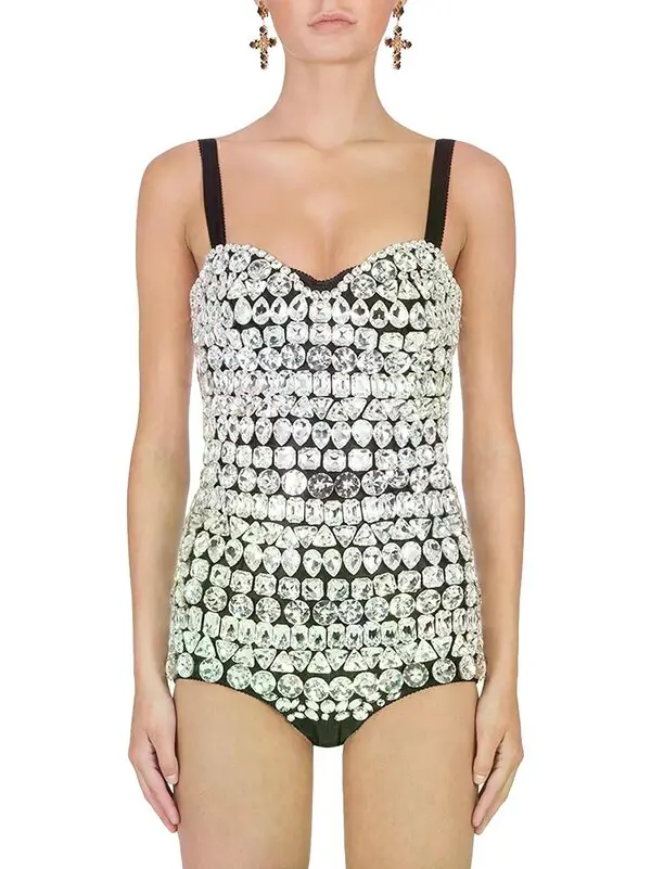 Dolce & Gabbana Embellished Sweetheart Neck Bodysuit - Black