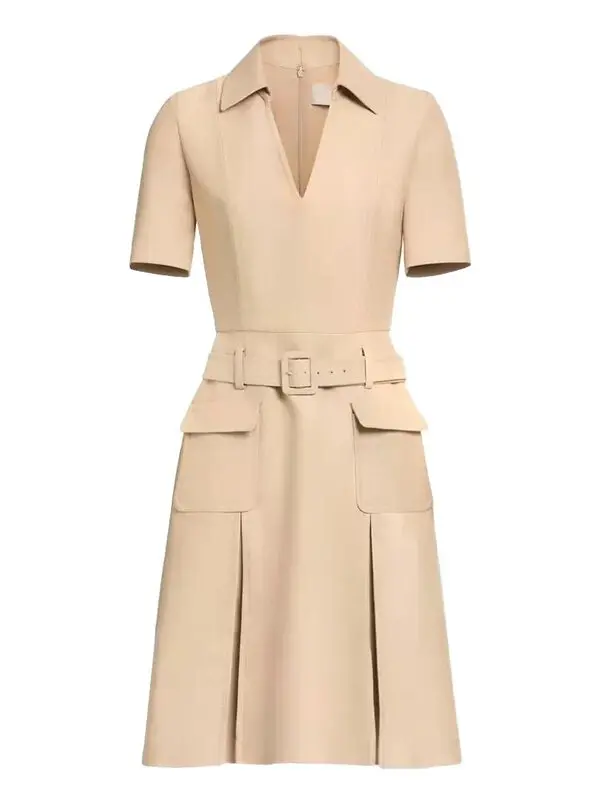 Elie Saab Belted Pleated Day Dress - Neutrals