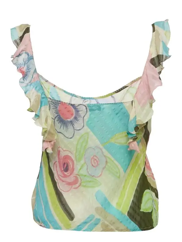 Moschino Printed Sheer Ruffle-sleeve Top - Neutrals