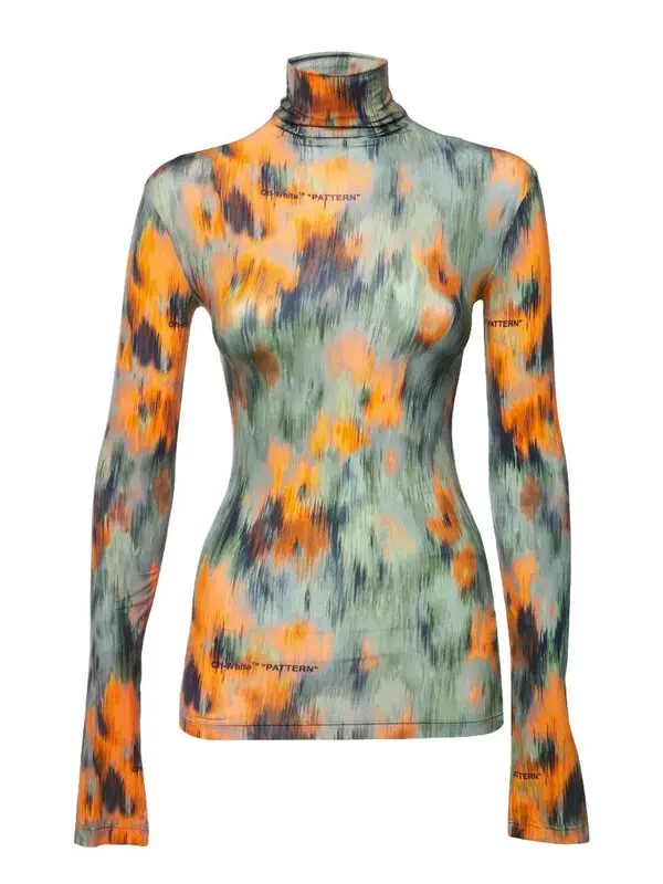 Off-White Chine Flower Printed Turtleneck Top - Orange