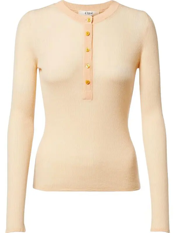 Chloé Ribbed-knit Wool Henley Shirt With Silk Trim - Orange