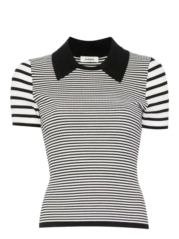 Sandro Striped Shirt-collar Top - Black