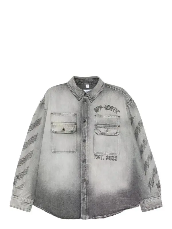 Off-White Embroidered Diagonals Print Denim Military Jacket - Grey