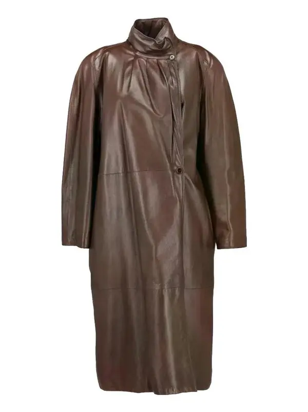 Vintage High-neck Leather Coat - Brown