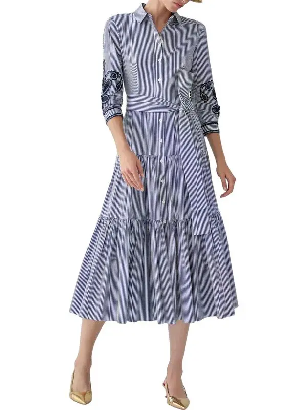 Carolina Herrera Striped Midi Dress With Embroidered Detailing - Blue