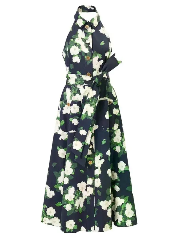 Carolina Herrera Navy Rose Print Halterneck Maxi Dress - Blue