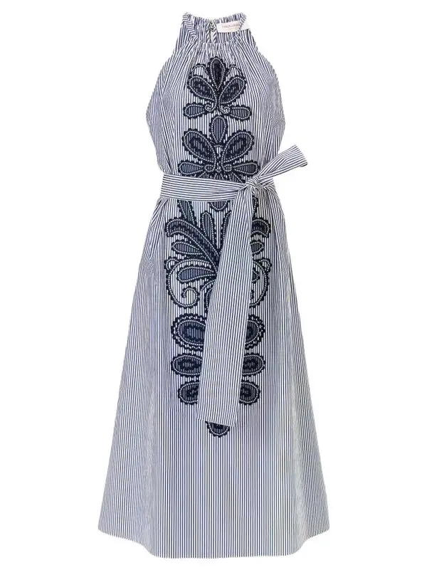Carolina Herrera Halterneck Midi Dress With Vertical Stripes And Embroidered Motif - Blue