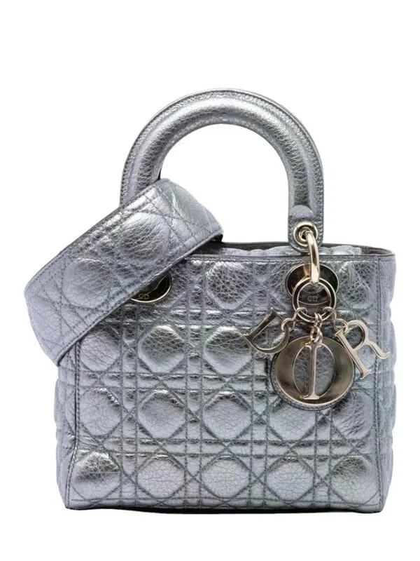 Dior 2017 Small Metallic Grained Calfskin Cannage Supple Lady Satchel - Silver