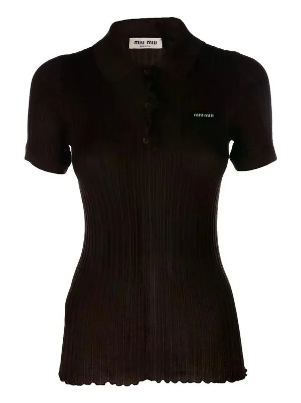 Miu Miu Ribbed Knit Polo Shirt With Ruffle Detailing - Brown