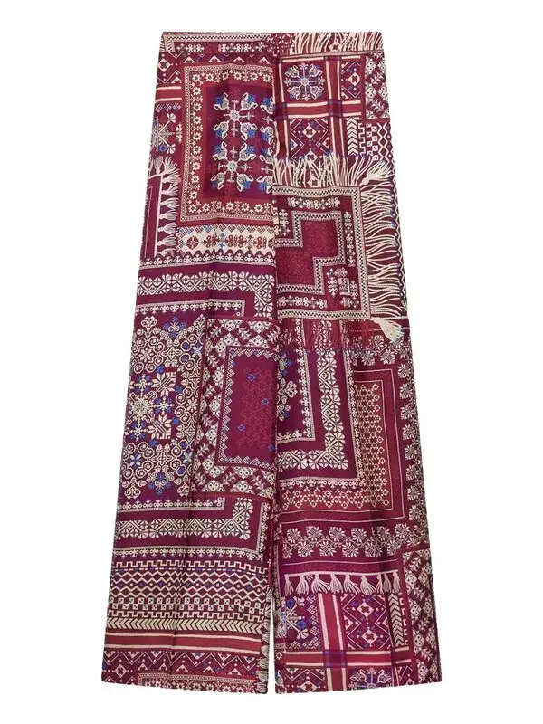 Momoni Burgundy Silk Graphic Print Wide-leg Trousers - Red
