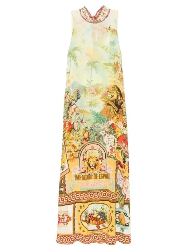 Camilla Graphic-print Tie-back Midi Dress - Yellow