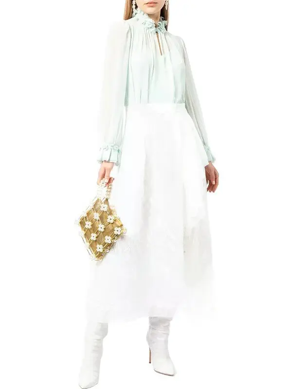 Shiatzy Chen Mulberry Silk Frilled High Neck Blouse - Blue