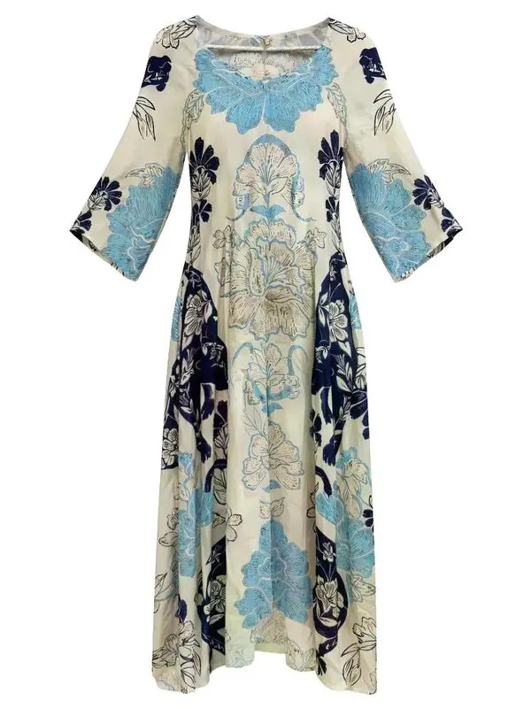 PAHIESA FORMENTERA Cream Floral Print V-neck Midi Dress - Neutrals