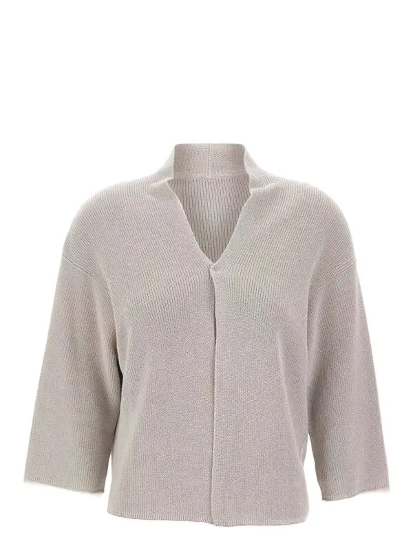 KANGRA Ribbed Fringed Trim Cardigan - Neutrals