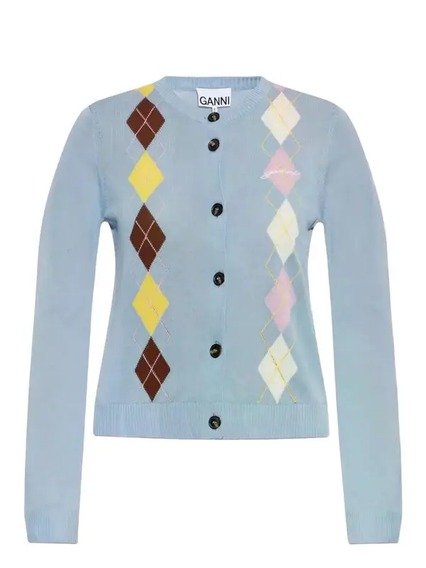 GANNI Argyle Cotton Cardigan - Blue