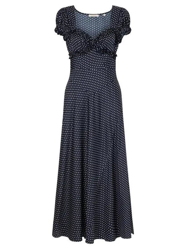 DÔEN Valerine Gathered Polka Dot Silk-blend Twill Maxi Dress - Blue