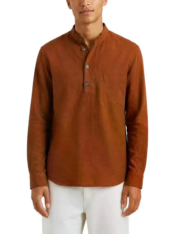 RETORI Band-collar Half-placket T-shirt - Brown
