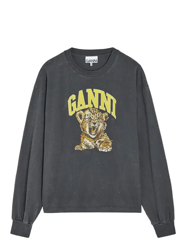 GANNI Printed Long-sleeve Cotton T-shirt - Black