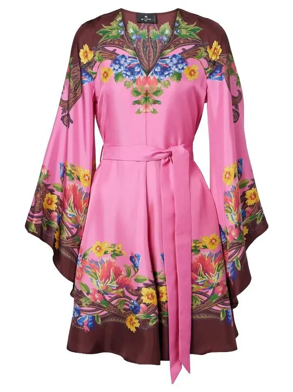Etro Belted Floral Silk Satin Mini Dress - Multicoloured