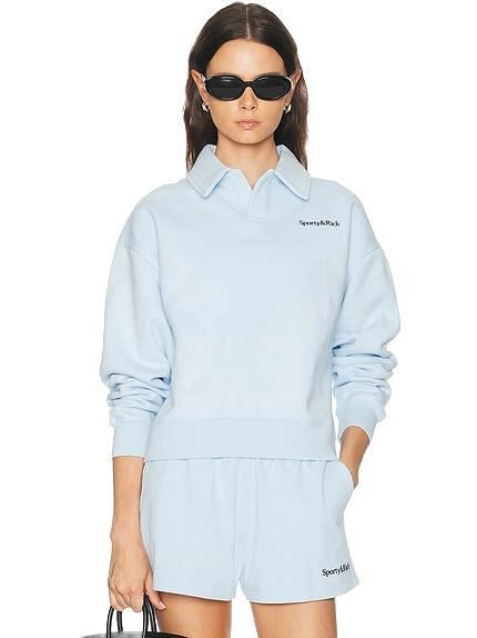 Sporty & Rich Serif Logo Embroidered Polo Sweatshirt - Ciel