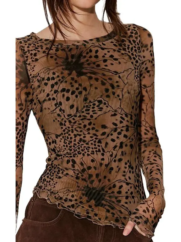 Free People Lilly Printed Long Sleeve Mesh Top - Brown Combo