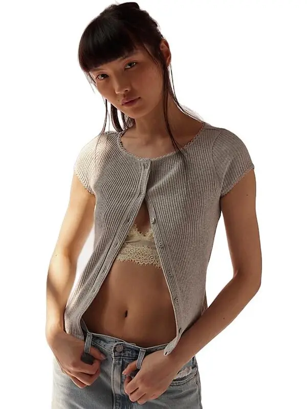 INTIMATELY Ribbed Cardigan With Capped Sleeves And Picot Trim - Light Heather
