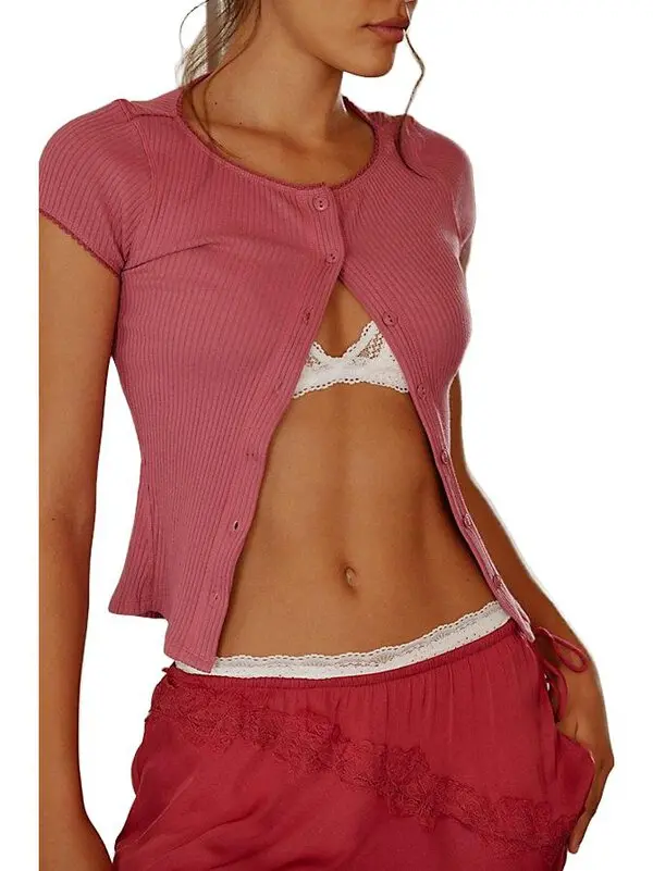 INTIMATELY Ribbed Cardigan With Capped Sleeves And Picot Trim - Moonscape