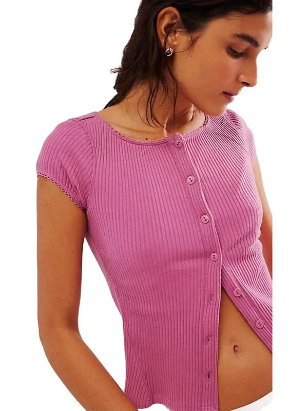 INTIMATELY Ribbed Cardigan With Capped Sleeves And Picot Trim - Pitaya