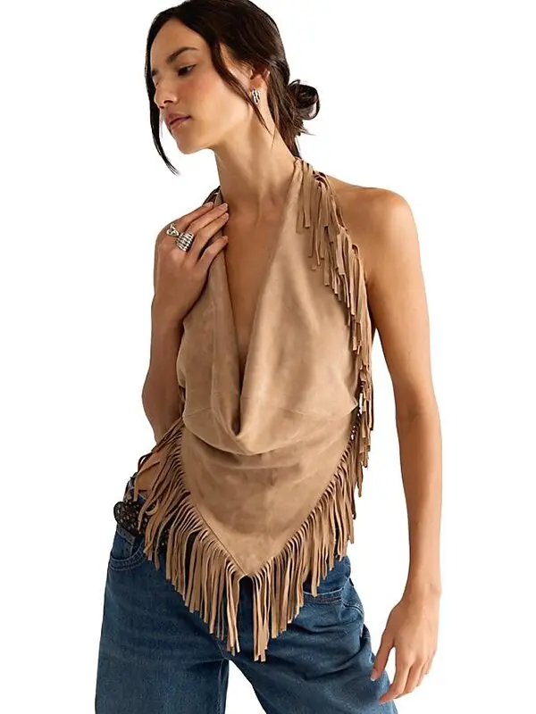 UNDERSTATED LEATHER Madi Fringe Halter Top - Bone