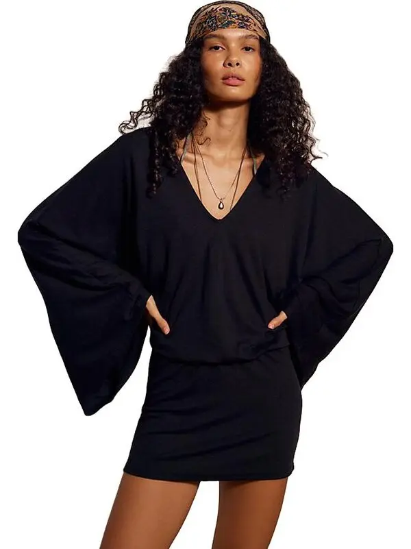 Free People V-neck Mini Dress With Draped Sleeves - Black