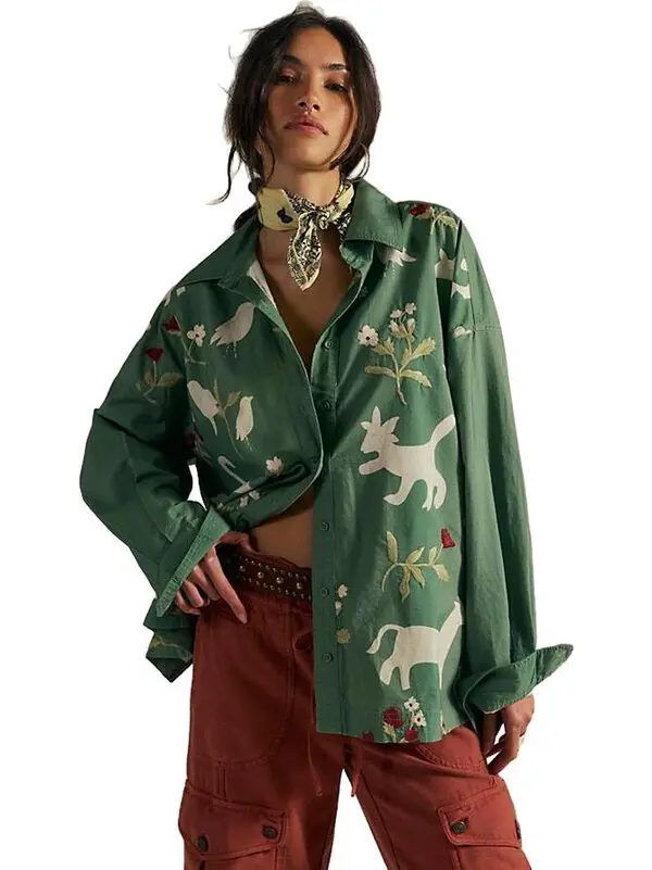 We The Free Critter Appliqué Button-down Shirt - Grass Combo