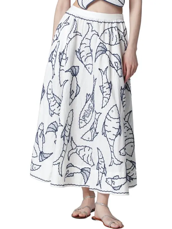Farm Rio Midi Skirt With Marine Embroidery - Multicolor